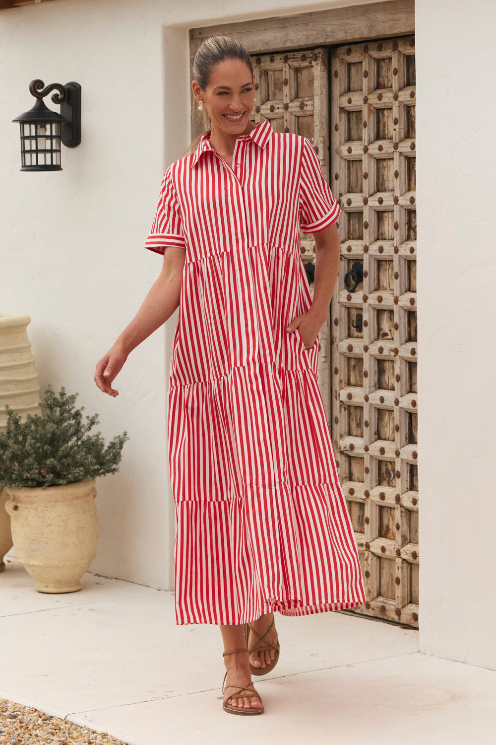 Winslow Button-Through Dress in Red Stripe | Adrift Clothing